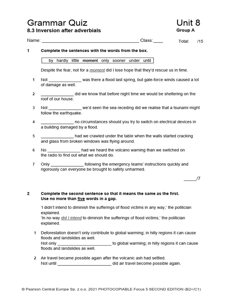 Focus5 2E Grammar Quiz Unit8.3 GroupA 1kol | PDF | Flood | Earth Sciences