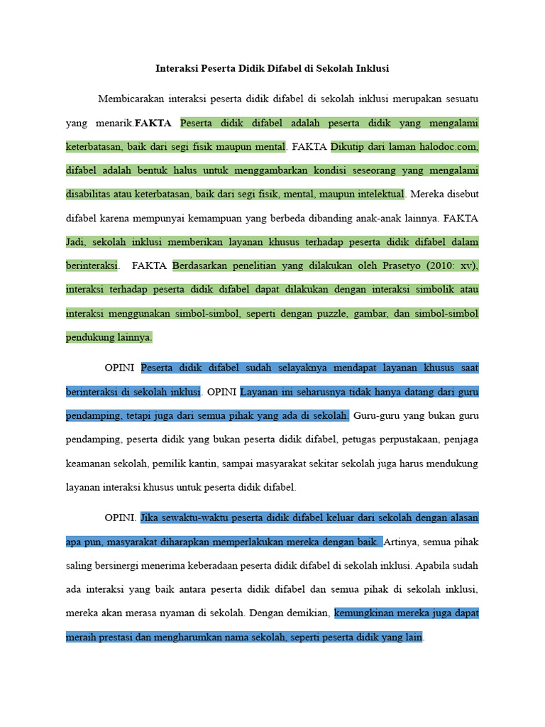 Interaksi Peserta Didik Difabel Di Sekolah Inklusi | PDF | Kesehatan ...