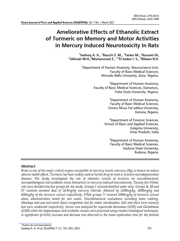 Ameliorative Effects of Ethanolic Extract of Turmeric On Memory and ...