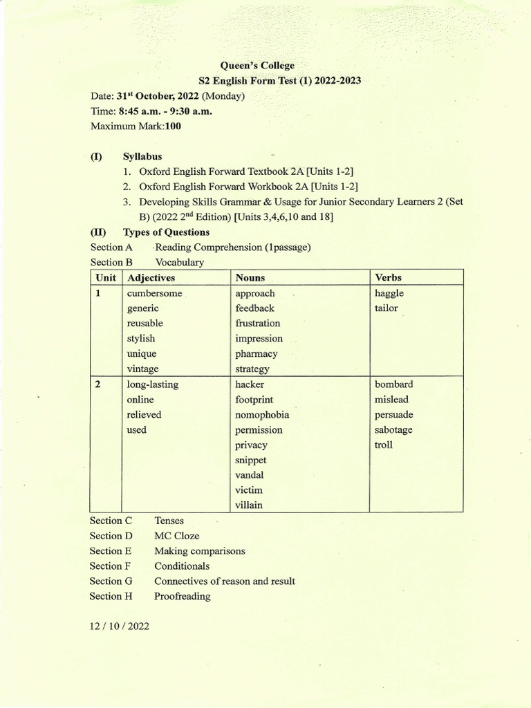 1st Term Form Test 1 Syllabus | PDF