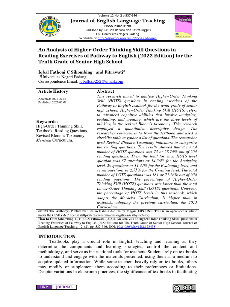An Analysis of Higher-Order Thinking Skill Questions in | PDF ...