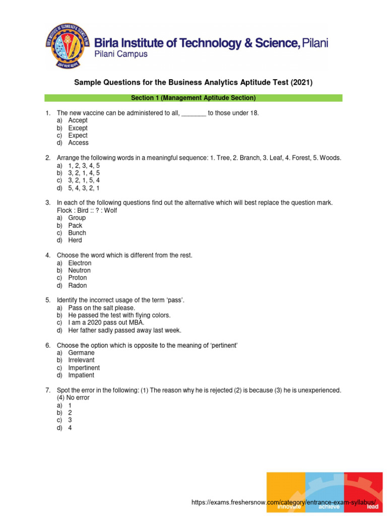 BITS Pilani MBA Exam Sample Questions | PDF | Matrix (Mathematics ...