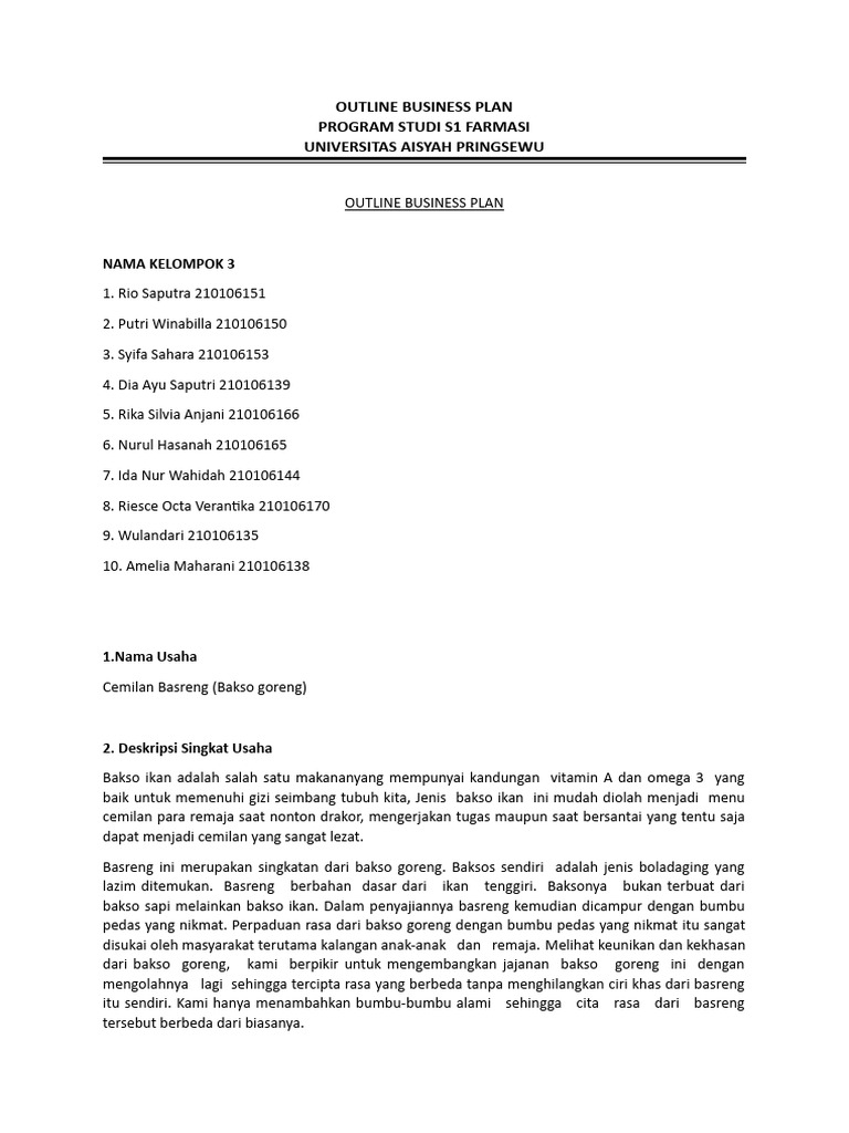 OUTLINE BUSINESS PLAN TUGAS KEWIRAUSAHAAN PRODI FARMASI 2023 Salinan-1 | PDF