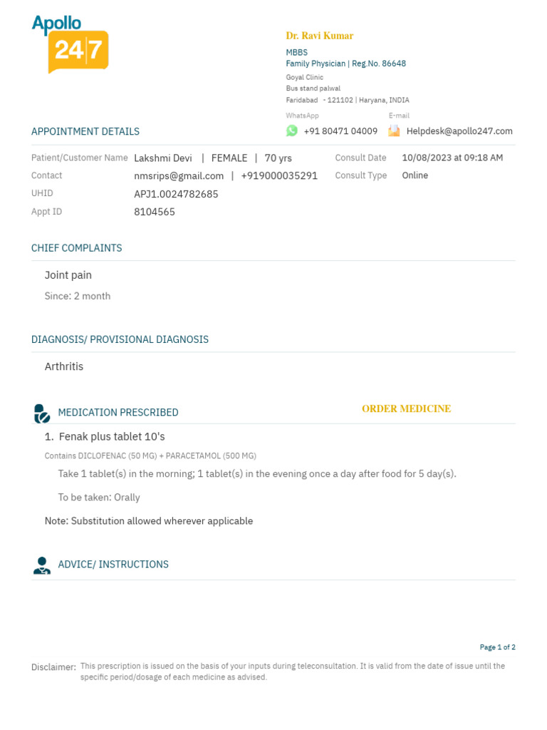 Prescription for Fenak Plus Tablet | PDF | Medical Prescription ...