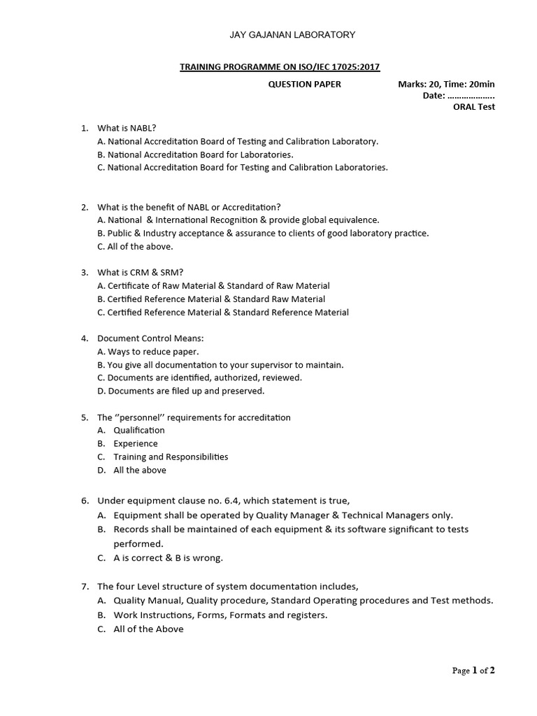 ISO/IEC 17025:2017 Training Quiz | PDF | Calibration | Science