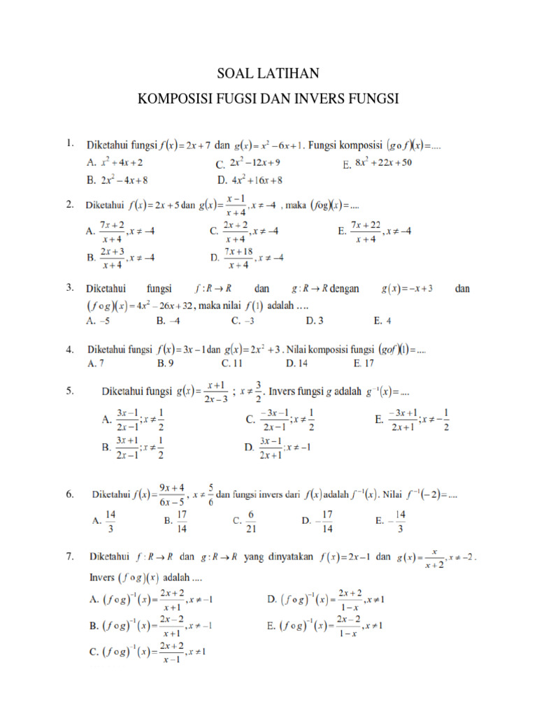 Soal Latihan Komposisi Dan Invers Fungsi | PDF