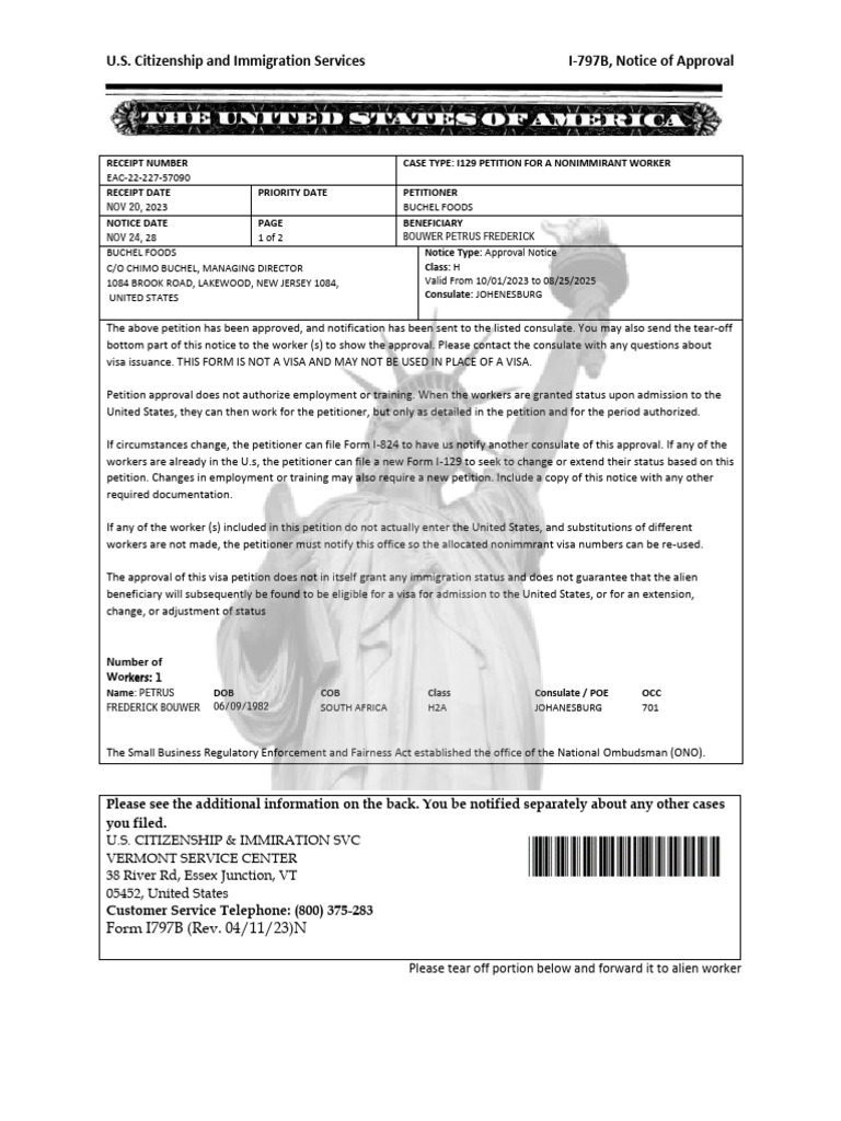 I-797B Approval for H2A Worker Petition | PDF | Travel Visa | Immigration