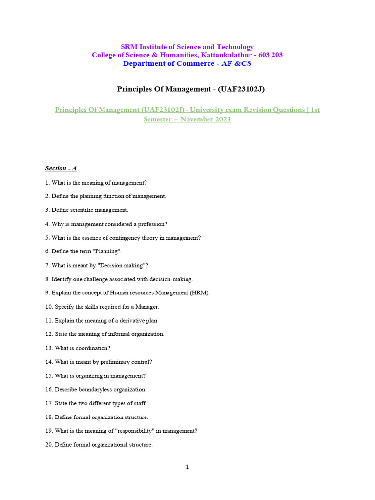 Principles of Management Exam Questions 2023 | PDF