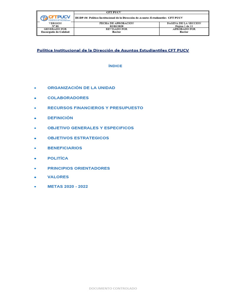 DI-DP-56 Política DAE CFT PUCV (V01-02-03-2020) | PDF | Aprendizaje ...