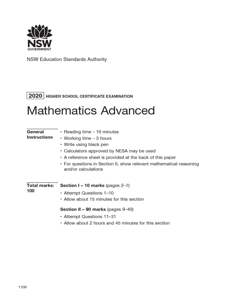 2020 HSC Mathematics Advanced | PDF | Mathematics