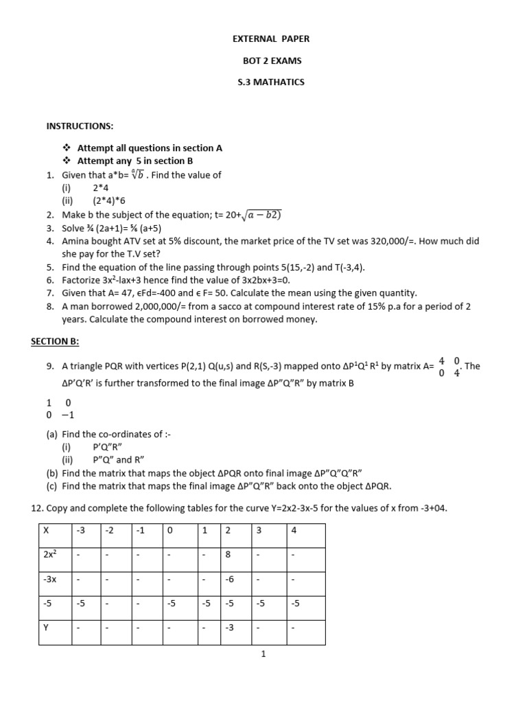 S - 3 Mathatics Bot 2 Exams External Paper | PDF | Matrix (Mathematics ...