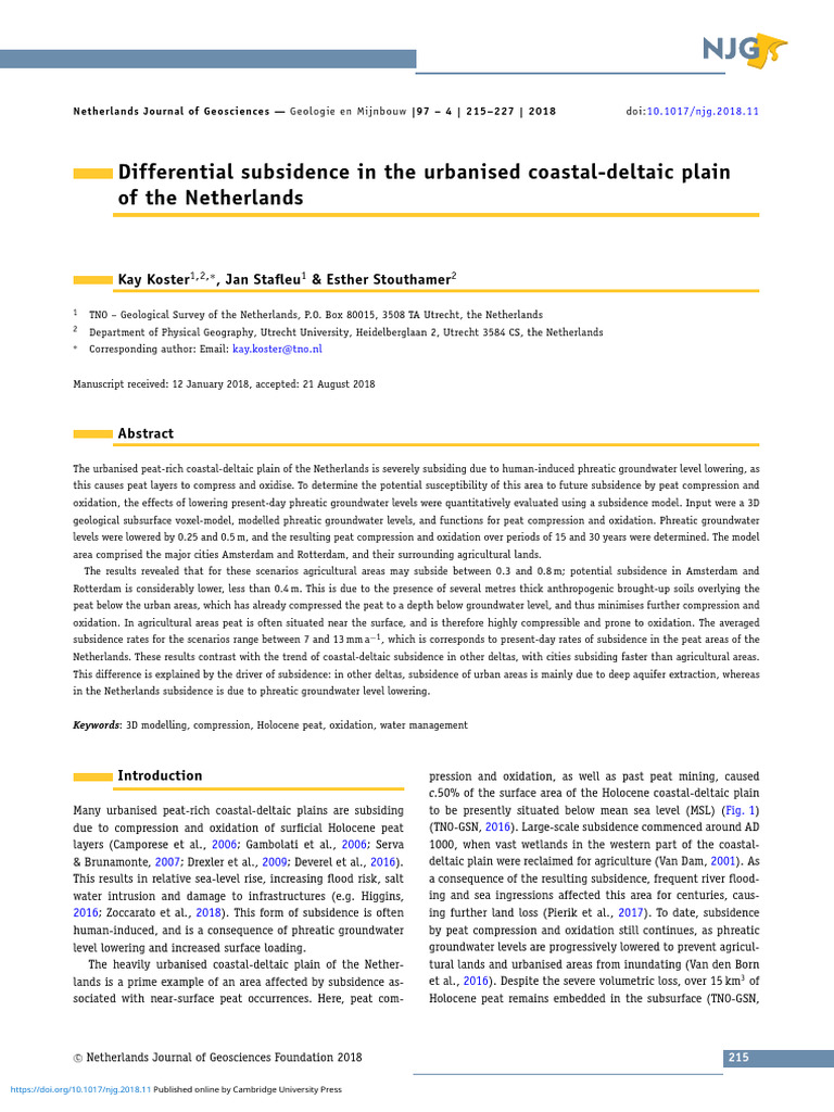 Differential Subsidence in The Urbanised Coastal Deltaic Plain of The ...