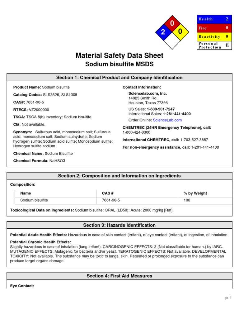 Sodium Bisulfite MSDS Guide | PDF | Toxicity | Solubility