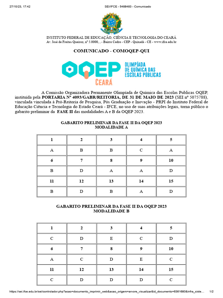Gabarito Preliminar OQEP 2023 | PDF