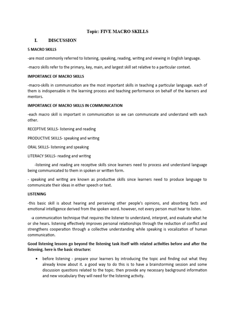 5 Macro SKills (BEED 3B) | PDF | Human Communication | Cognitive Science