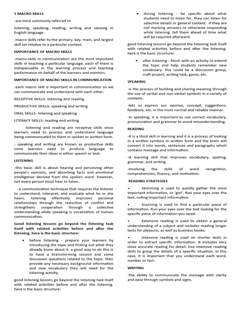 5 Macro Skills | PDF | Communication | Cognitive Psychology