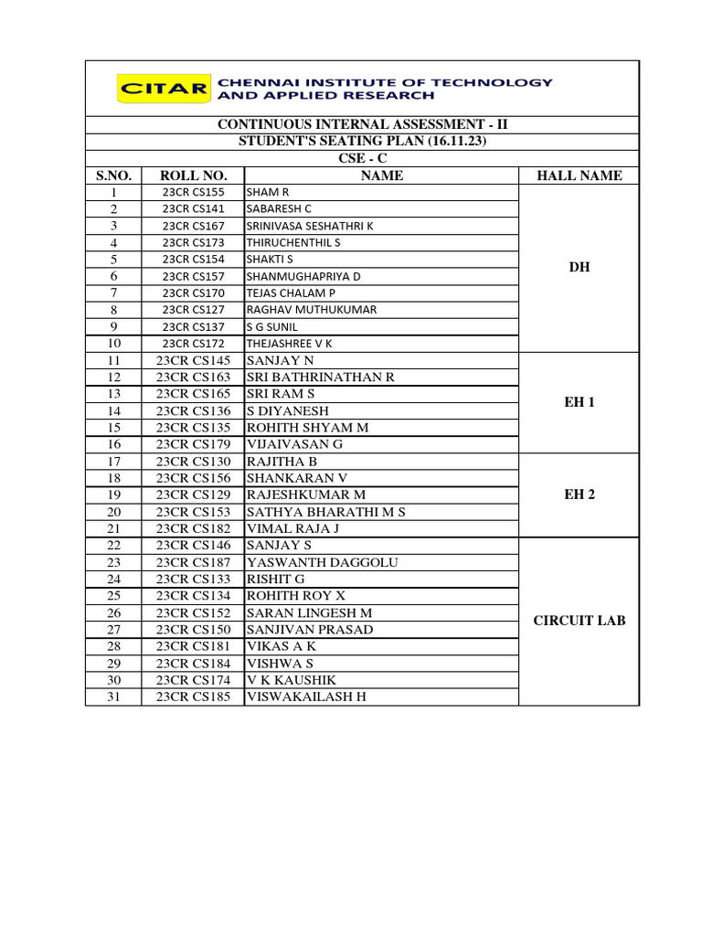 CSE C Seating Plan (16.11.23) | PDF
