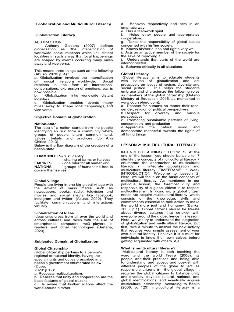 Globalization and Multicultural Literacy HANDOUTS | PDF | Globalization ...