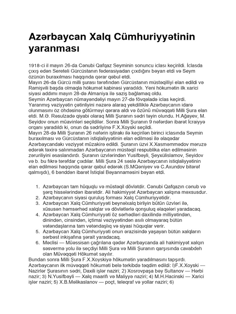 Azərbaycan Xalq Cümhuriyyəti | PDF