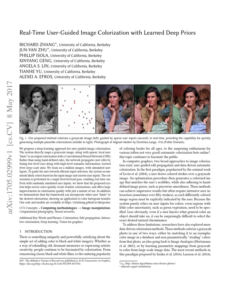 Real Time User Guided Image Colorization With Learned Deep Priors Download Free Pdf Image