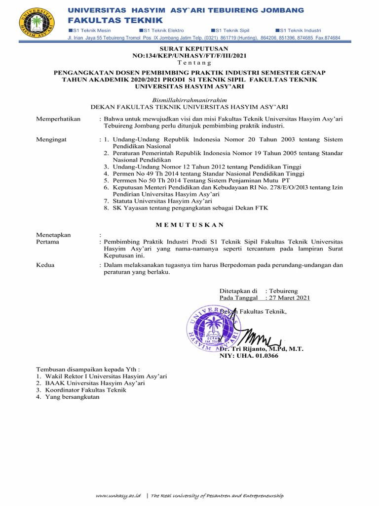 134-KEP-FTK-SK Pembimbing PI Teknik Sipil 2020 | PDF