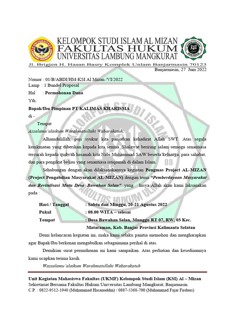 Surat Pengantar Proposal PT Kalimas Kharisma | PDF
