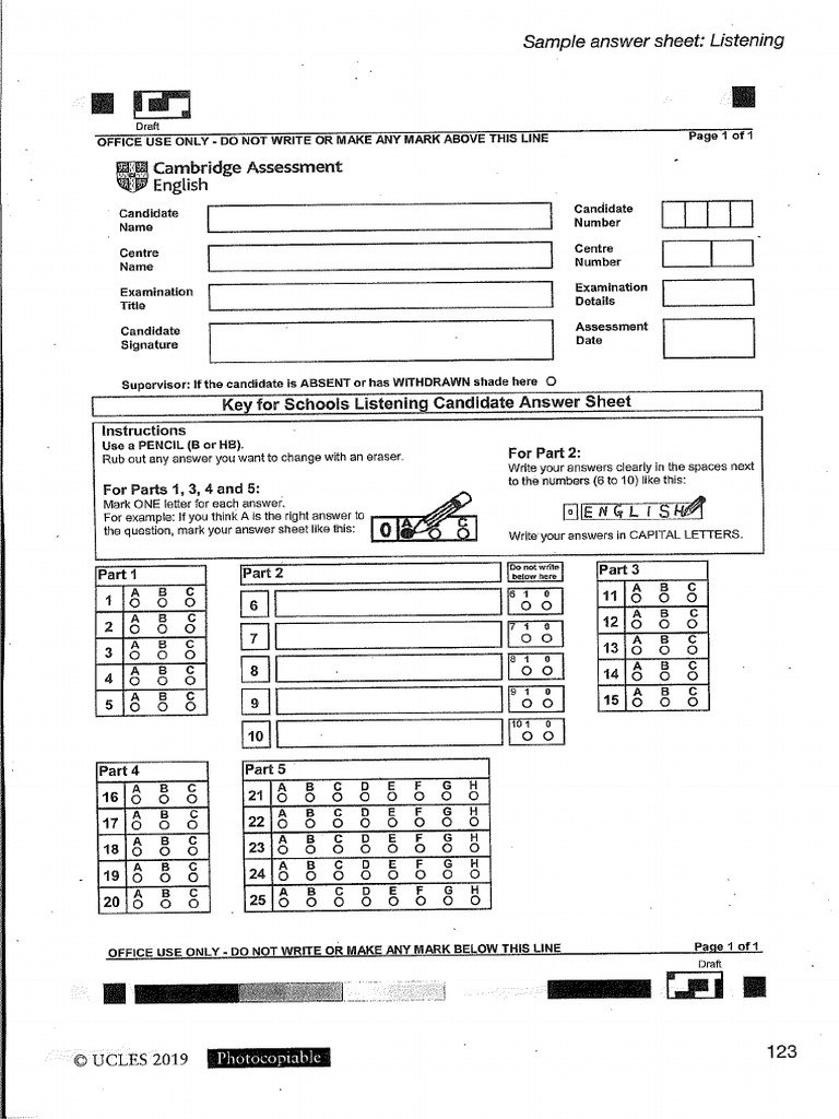 Key For Schools 1 Sample Answer Sheet | PDF