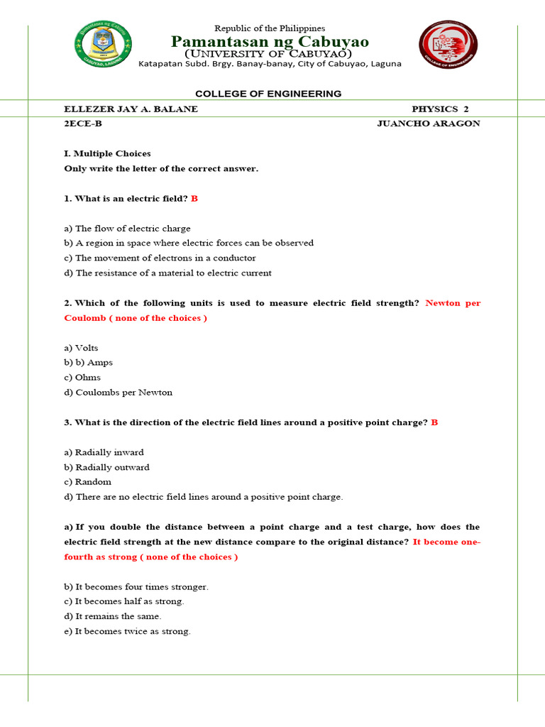 Physics 2 - Electric Field Quiz | PDF | Electric Field | Electricity