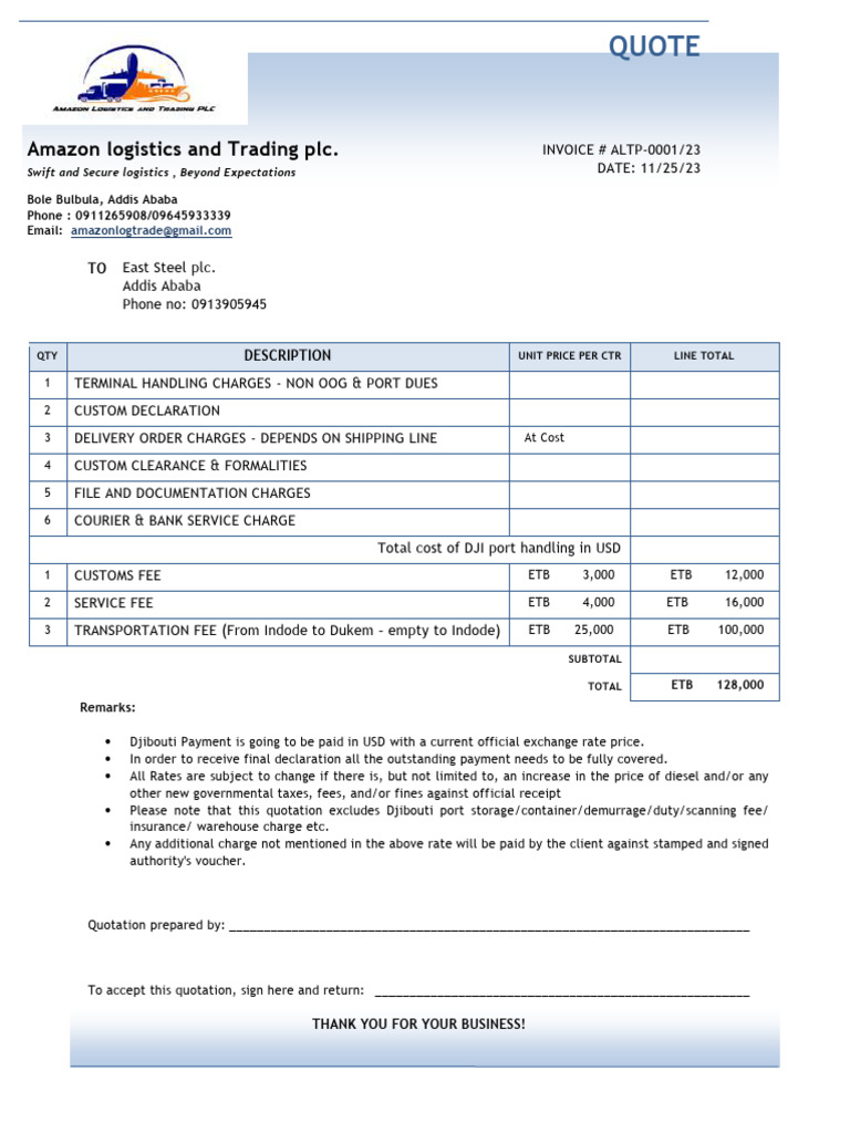 Amazon Logistics and Trading PLC QUOTE.v.2 | PDF | Fee | Business