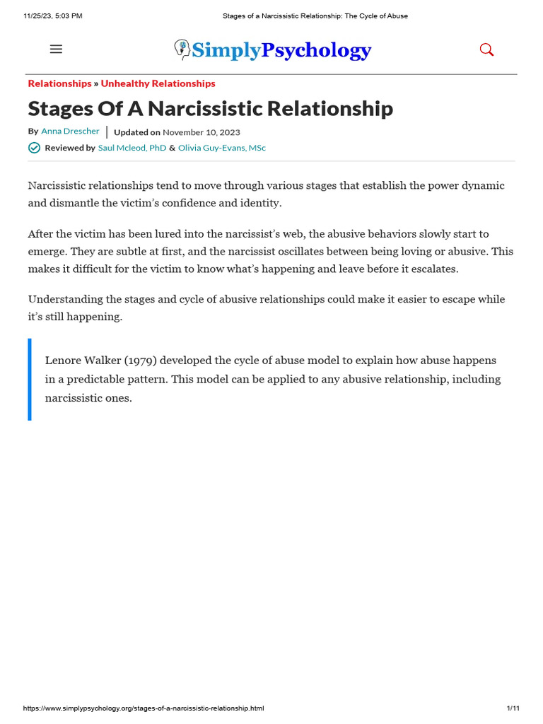Stages of A Narcissistic Relationship - The Cycle of Abuse | PDF | Narcissism | Intimidation