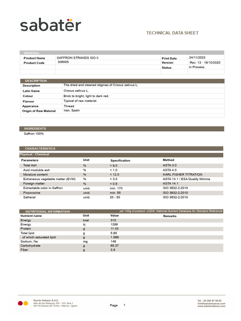 ISO 3632 Saffron Strands Data Sheet | PDF | Materials