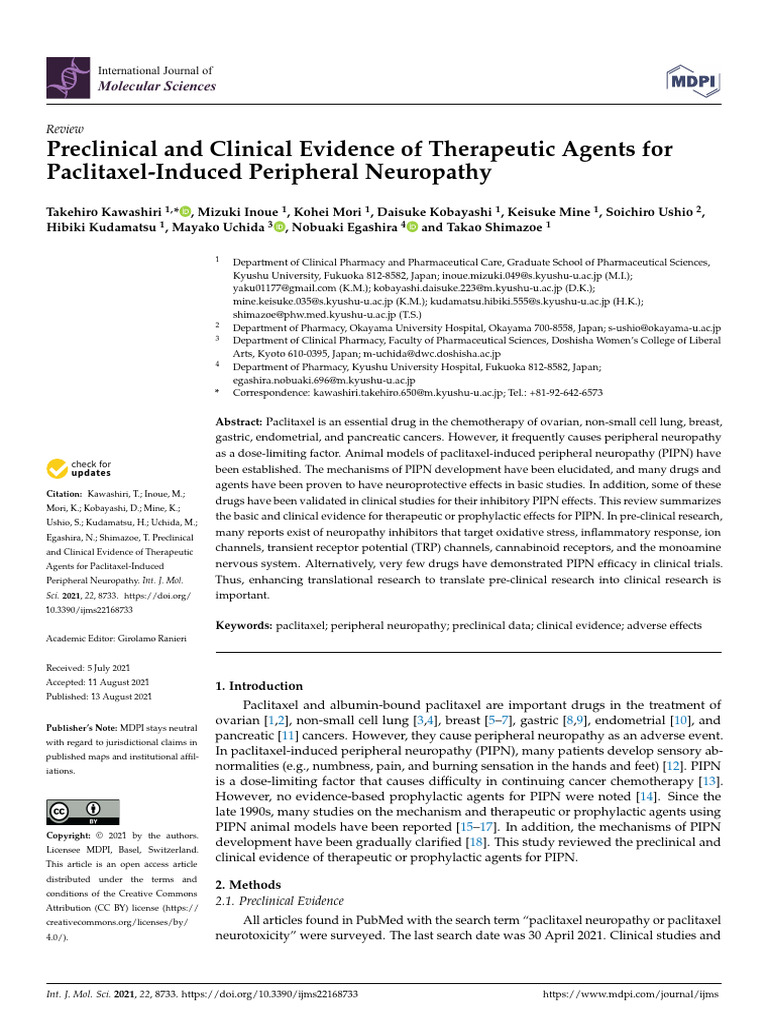 Preclinical and Clinical Evidence of Therapeutic Agents For Paclitaxel Induced Peripheral ...