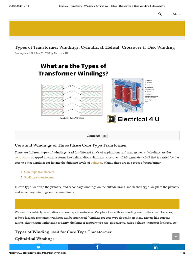 Types of Transformer Windings - Cylindrical, Helical, Crossover & Disc ...