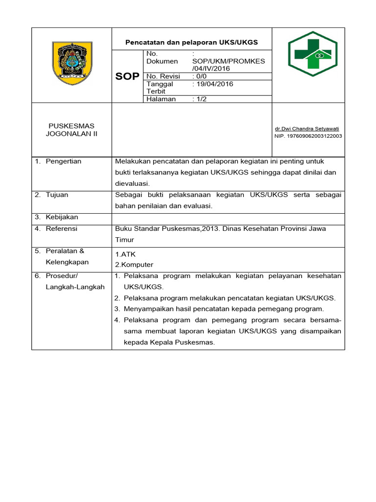 SOP Pencatatan UKS/UKGS Puskesmas | PDF | Sains & Matematika