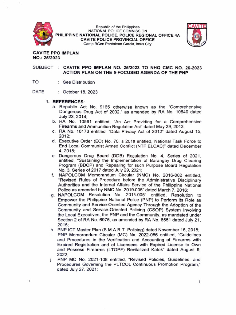 Cavite Ppo Implan No. 25 2023 To NHQ CMC No. 26-2023 Action Plan On The ...