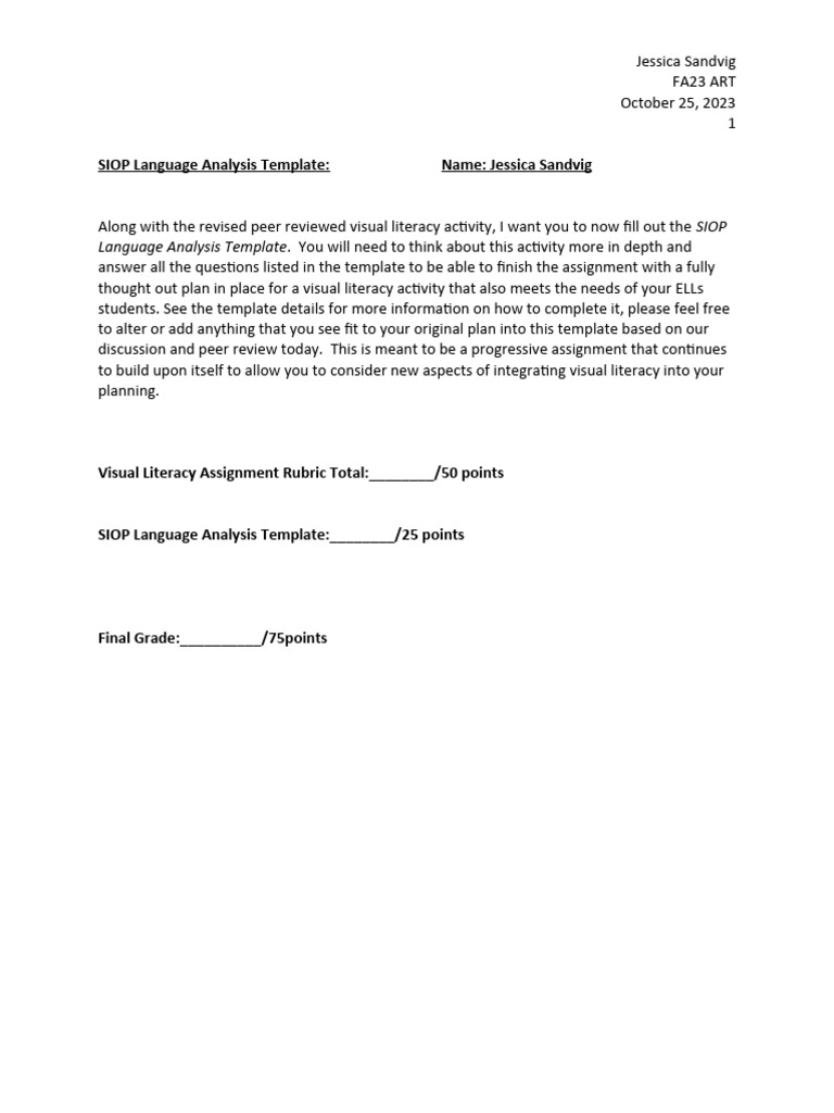 SIOP Language Analysis for Visual Literacy | PDF | Lesson Plan | Human ...