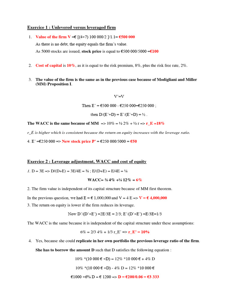 Exercice Booklet Corrections | PDF | Capital Structure | Cost Of Capital