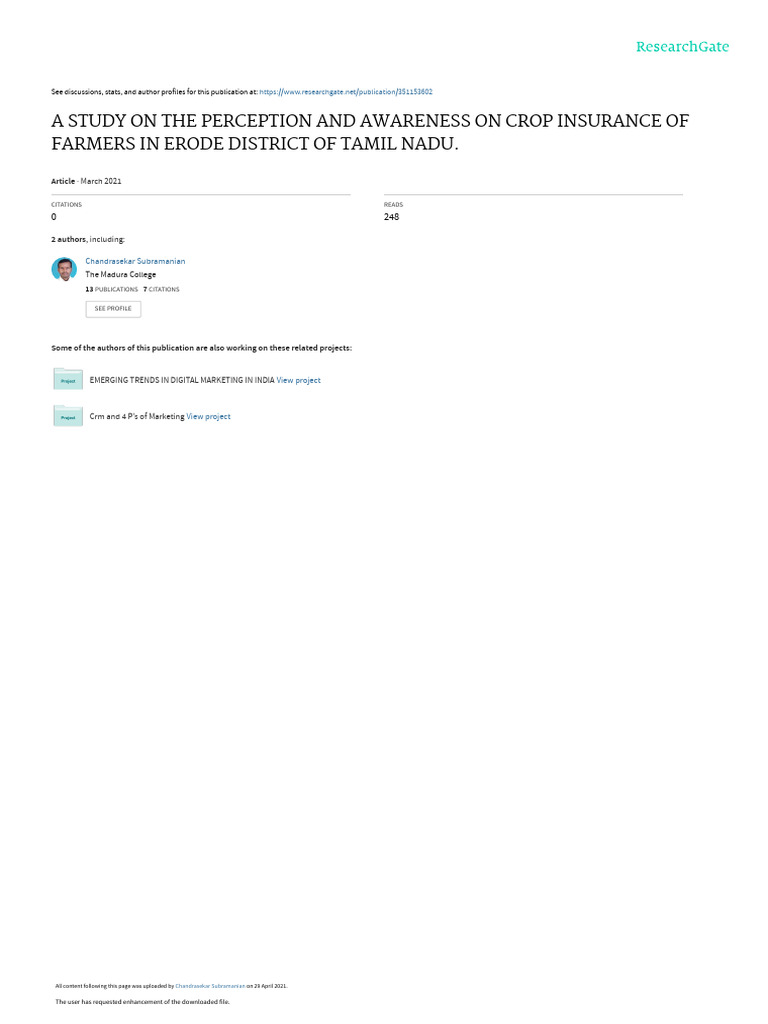 A Study On The Perception and Awareness On Crop Insurance of Farmers in ...