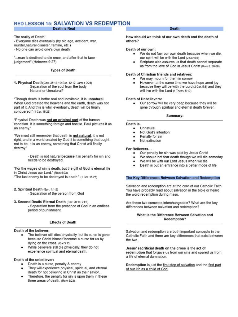 Red Lesson 15 - Salvation Vs Redemption | PDF | Sin | Grace In Christianity