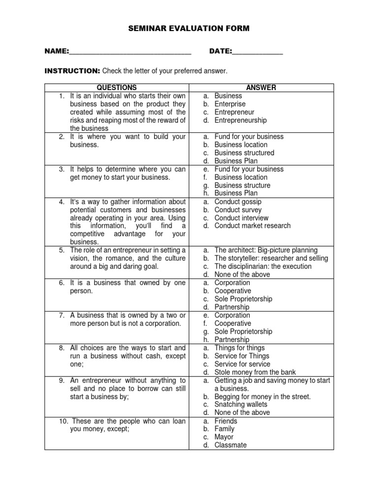 Evaluation Form | PDF | Entrepreneurship | Business