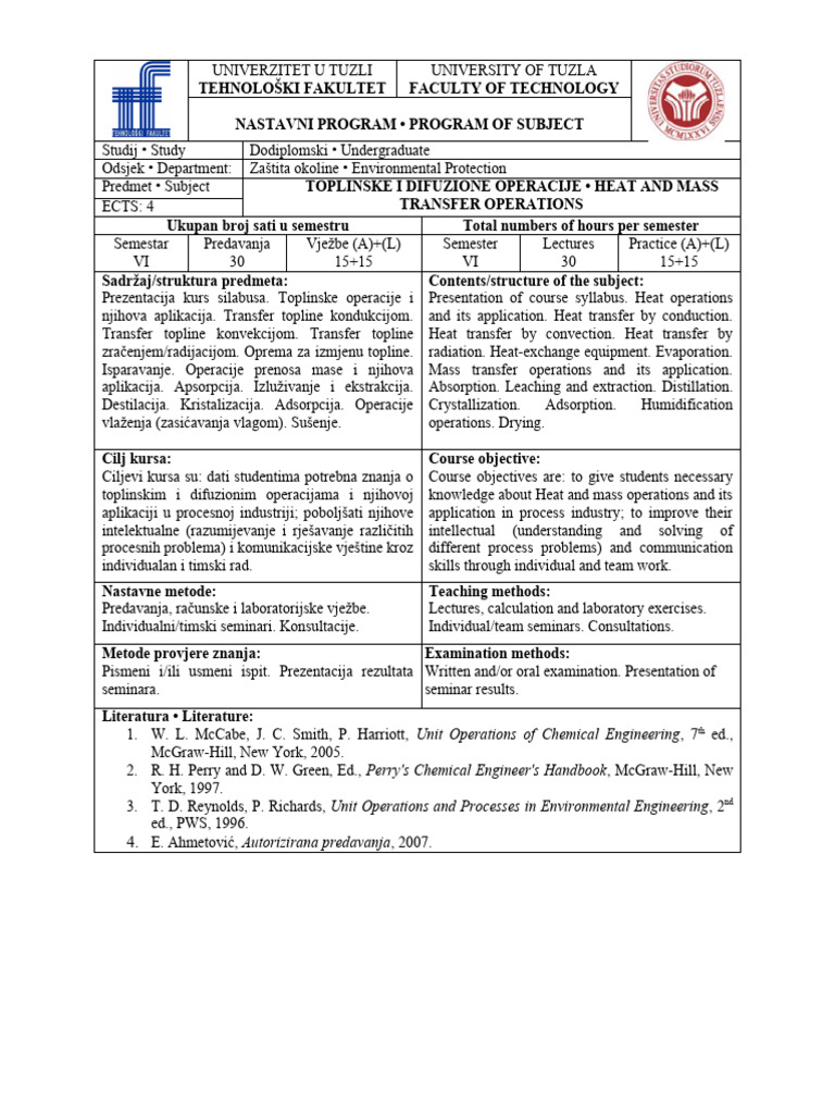 Toplinske I Difuzione Operacije 3 VI | PDF | Heat Transfer | Physical ...