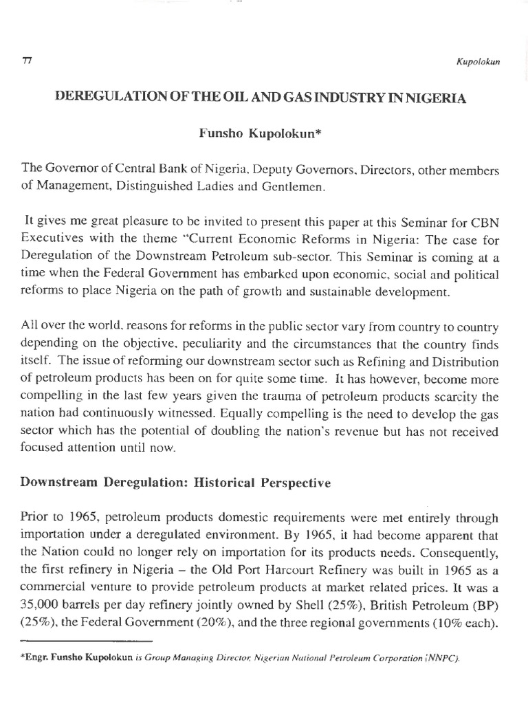 Deregulation of The Oil and Gas Industry in Nigeria | PDF | Oil Refinery | Petroleum