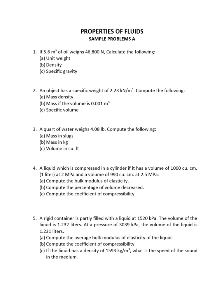 Fluid Properties And Sample Problems Pdf