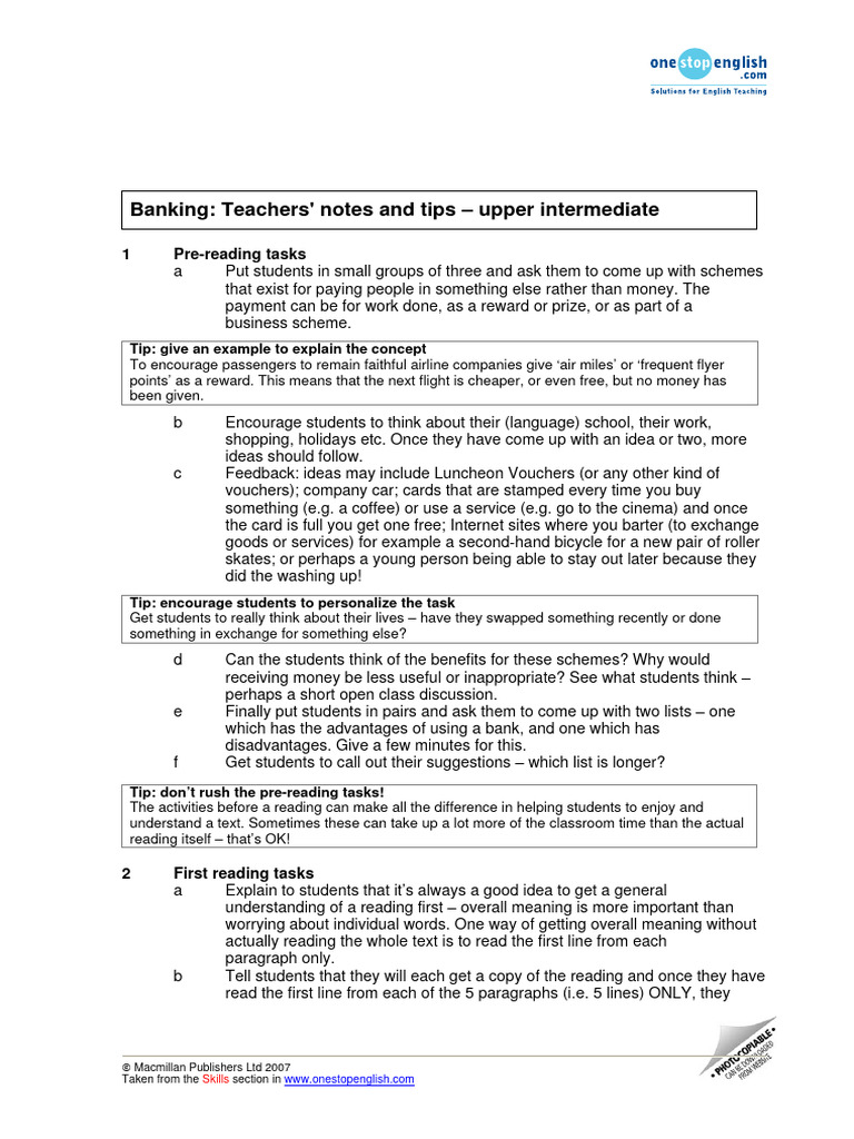 Banking. Reading. Upper-Intermediate. Teacher's Notes | PDF | Money ...