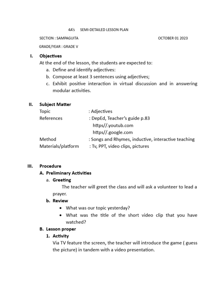 4as Semi Lesson Plan 1 | PDF | Adjective | Noun