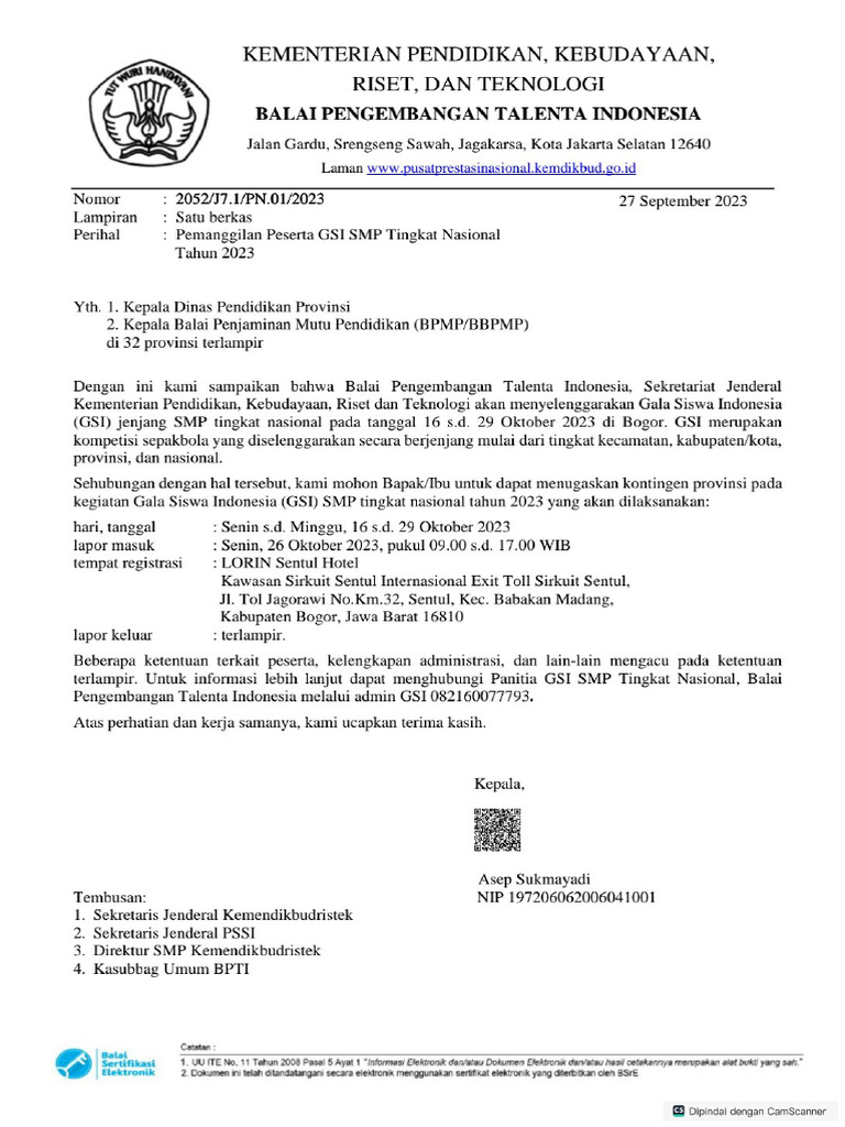 Surat Pemanggilan Peserta Gsi Tingkat Nasional Tahun 2023 | PDF Surat Pemanggilan Peserta Gsi Tingkat Nasional Tahun 2023 | PDF