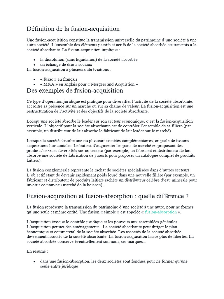 Définition de La Fusion | PDF | Fusions et acquisitions | Business