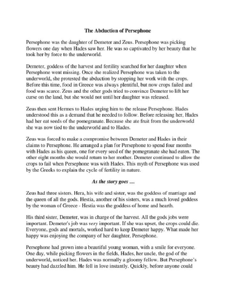 The Story of Hades and Persephony (Greek Mythology) Summary | PDF