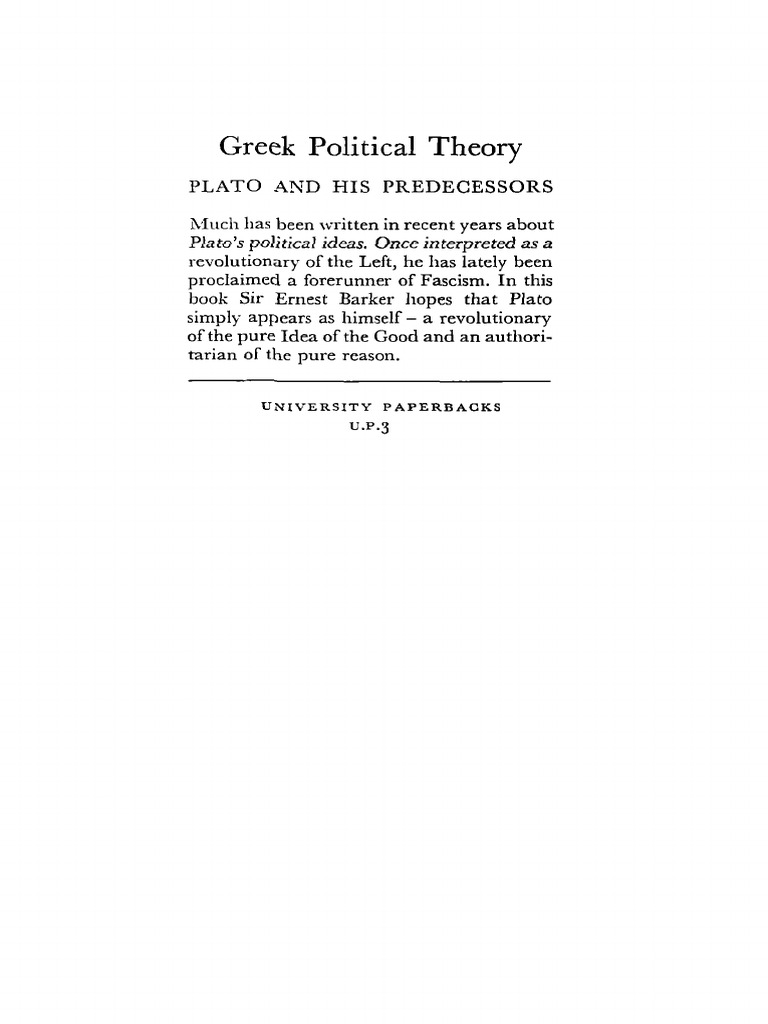 Greek Political Theory Plato and His Predecessors Ernest Barker | PDF