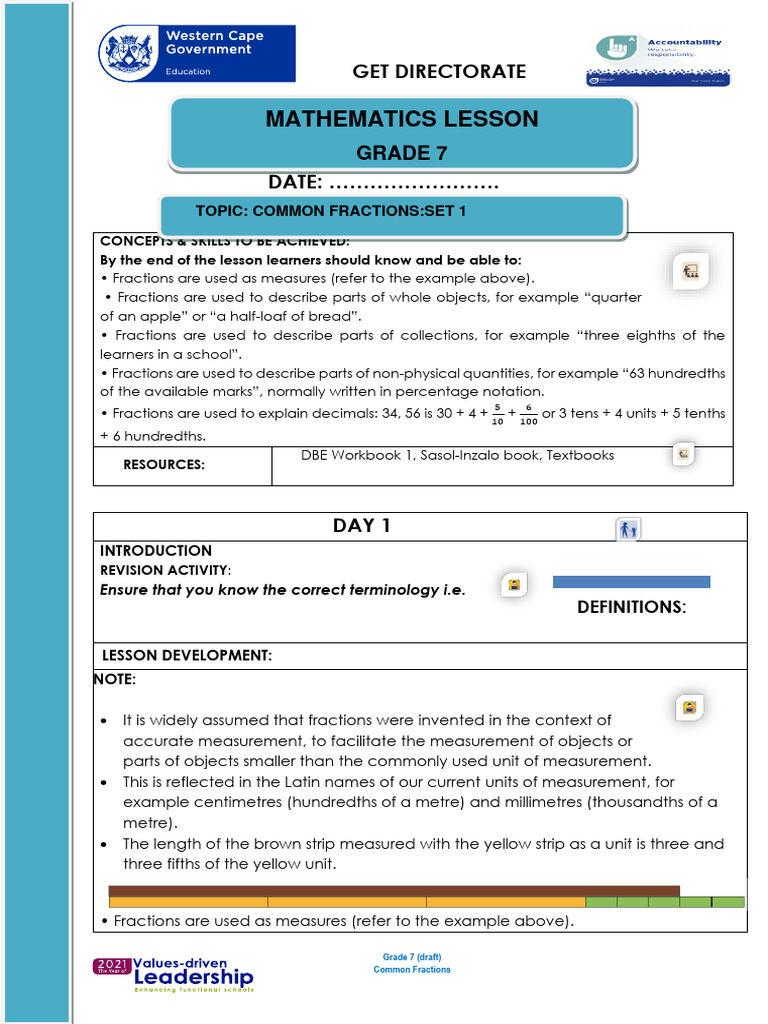Lesson Plan Gr. 7 Mathematics Term 1 Week 5 Common Fractions | PDF ...